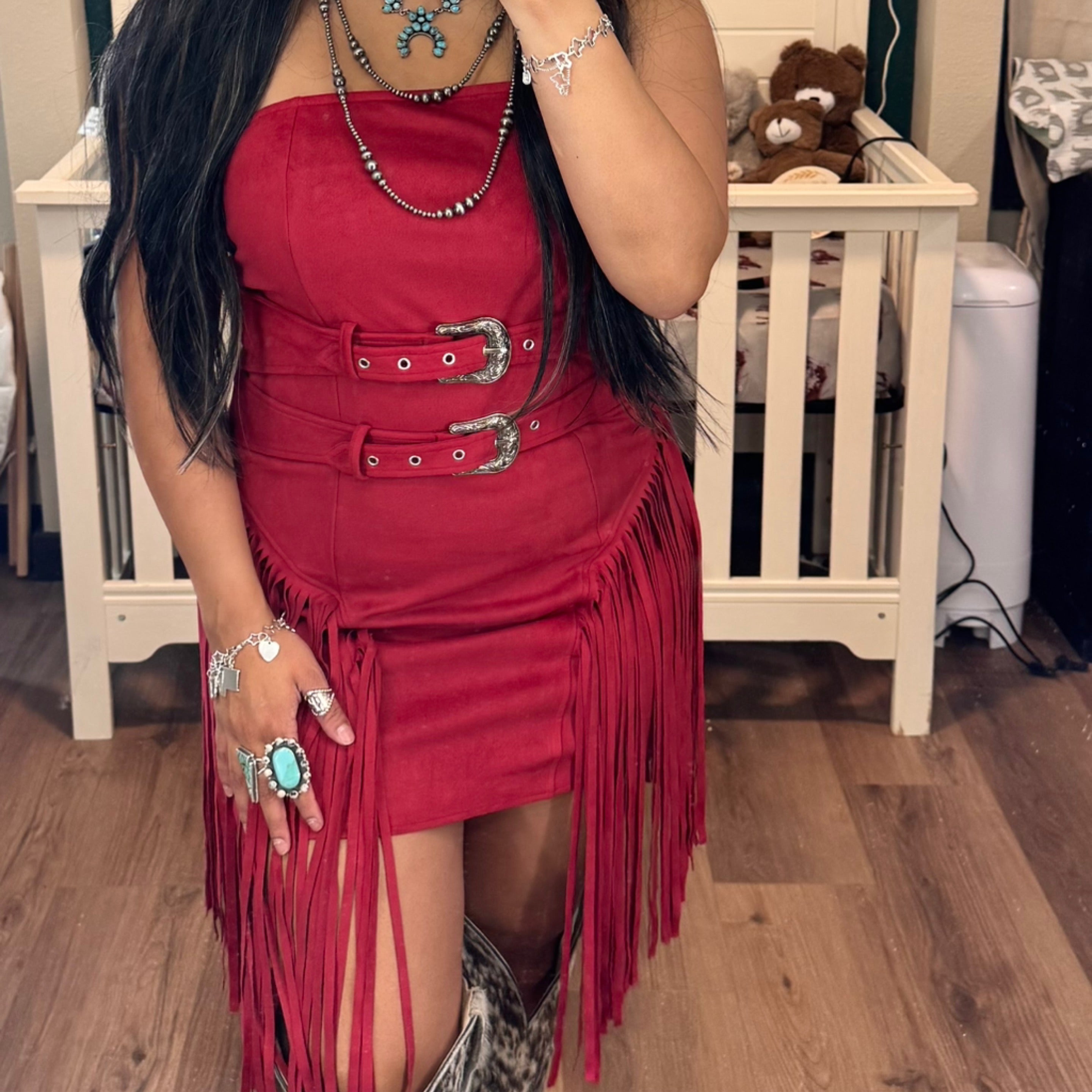 Red Buckle Strapless Dress | Rowdy Bell Co.